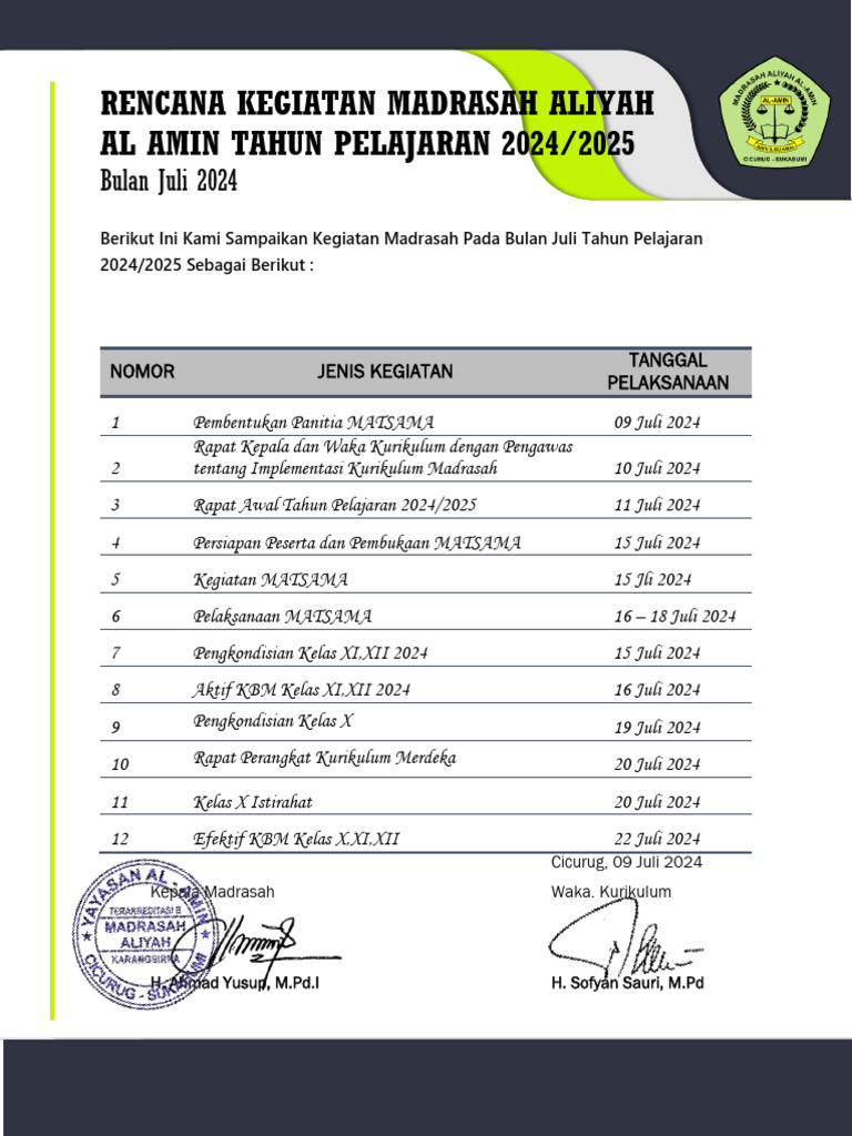 Rencana Kegiatan Ma Bulan Juli 2024 | PDF