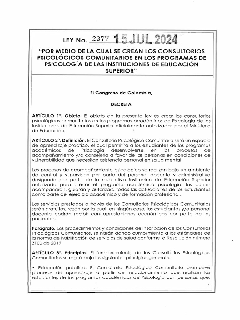 Ley 2377 Del 15 de Julio de 2024 | PDF | Sicología | Educación más alta