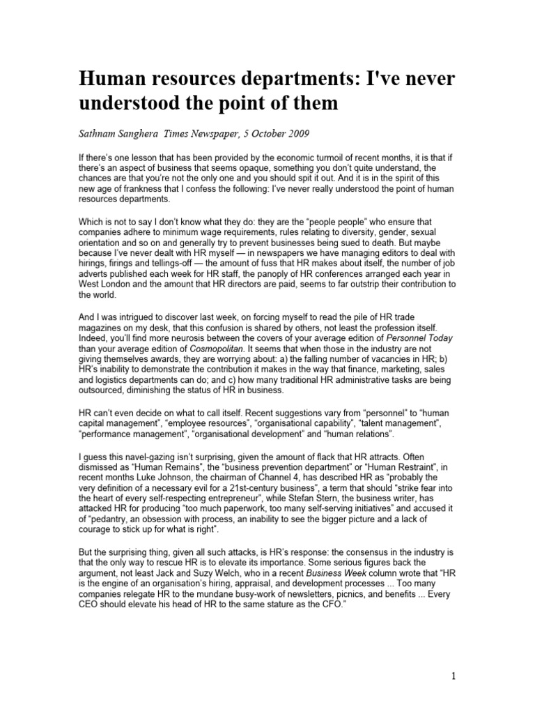 Times Article On The Value of HR | PDF | Turnover (Employment) | Employment