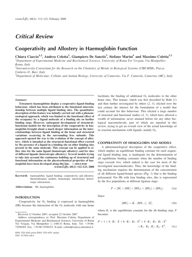 IUBMB Life - 2008 - Ciaccio - Cooperativity and Allostery in ...