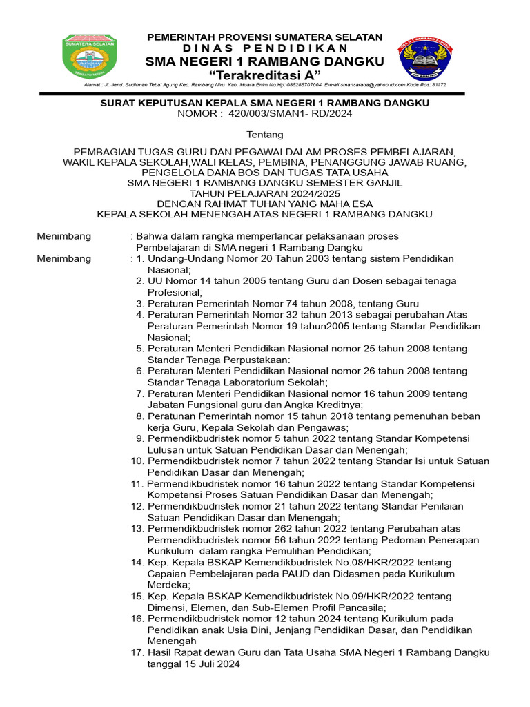 SK Pembagian Tugas Semester Ganjil 2024-2025 | PDF