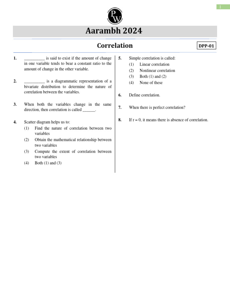 Correlation - DPP 01 - (Aarambh 2024) | PDF | Variable (Mathematics) | Statistical Analysis