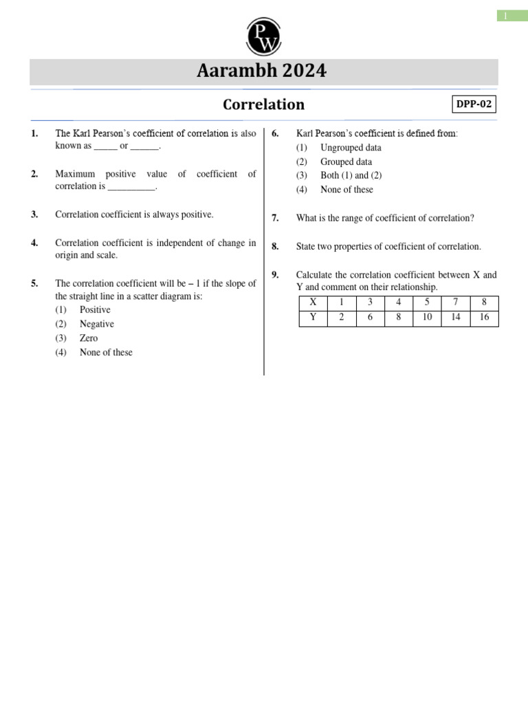 Correlation - DPP 02 - (Aarambh 2024) | PDF | Statistical Analysis | Teaching Mathematics