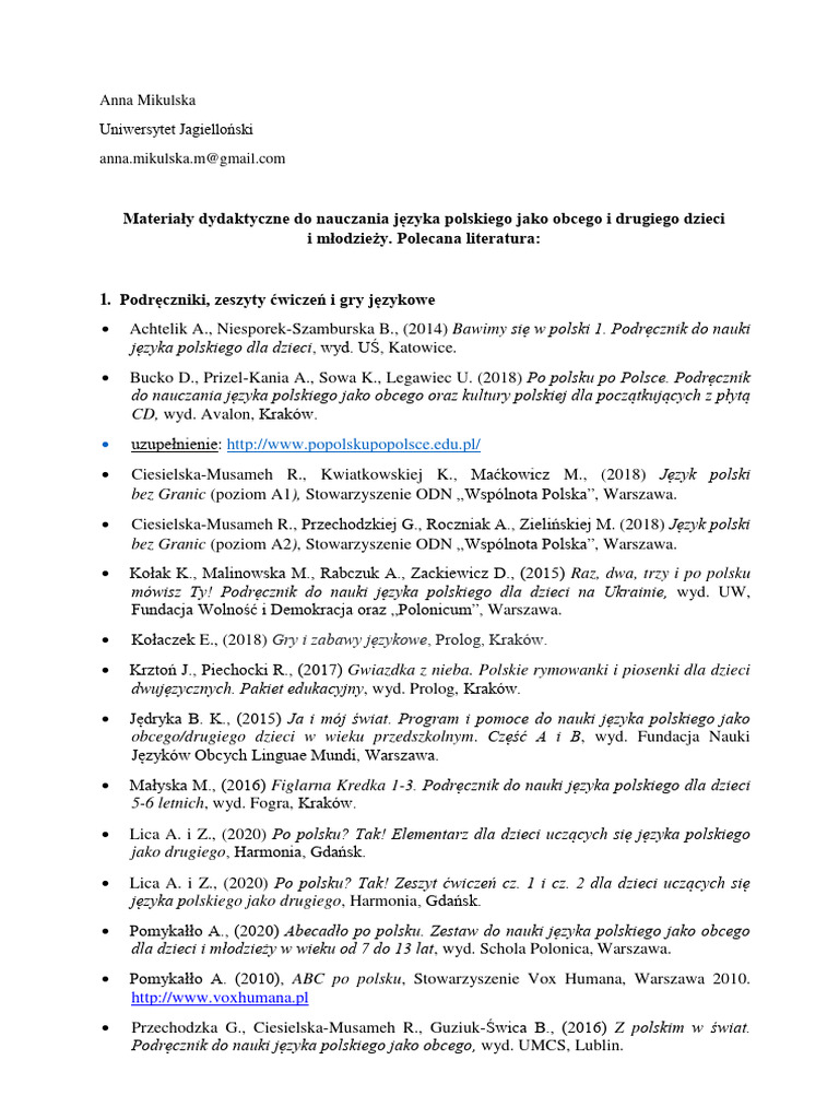 Materialy Dydaktyczne Do Nauczania Jezyka Polskiego Jako Obcego I Drugiego Dzieci | PDF