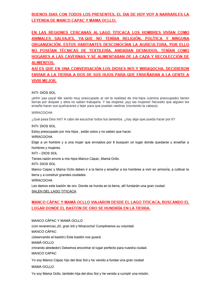 LEYENDA DE MANCO CAPAC Guion Teatral | PDF | Imperio Inca