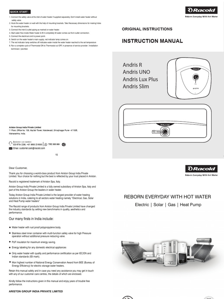 Andris UNO Water Heater Installation Guide | PDF | Water Heating ...