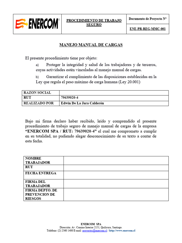 Ene-Pr-Reg-Mmc-001 Manejo Manual de Cargas | PDF