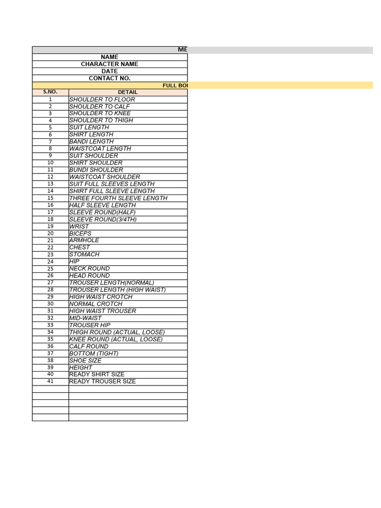 Men's Full Body Measurement Spec Sheet | PDF