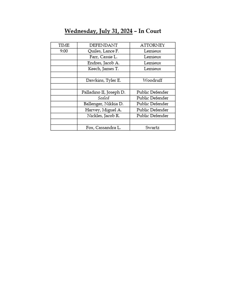 Jefferson County Court Calendar July 31, 2024 | PDF