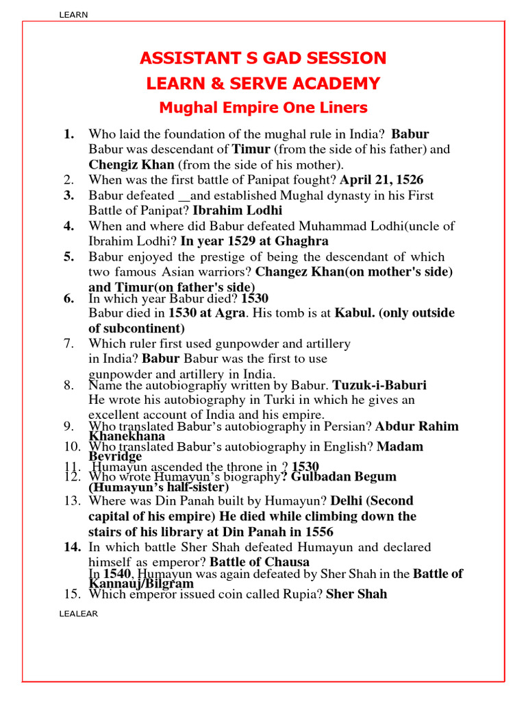 Mughal History One Liners | PDF | Mughal Empire