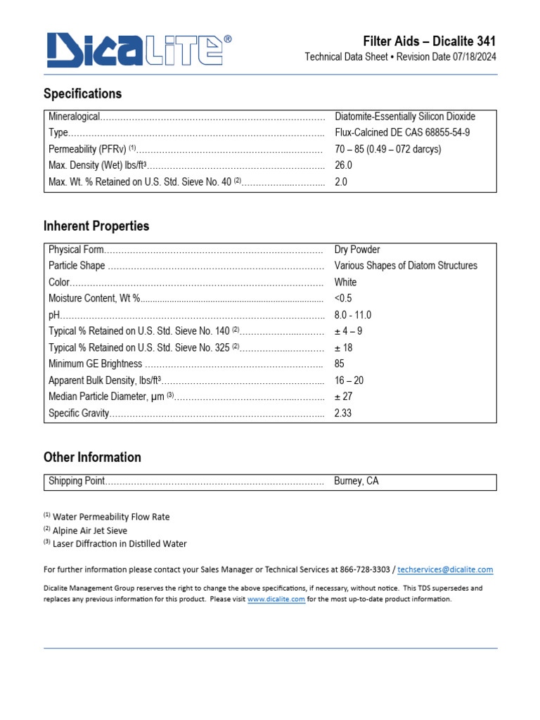 Dicalite 341 - Flux-Calcined DE - TDS | PDF | Materials