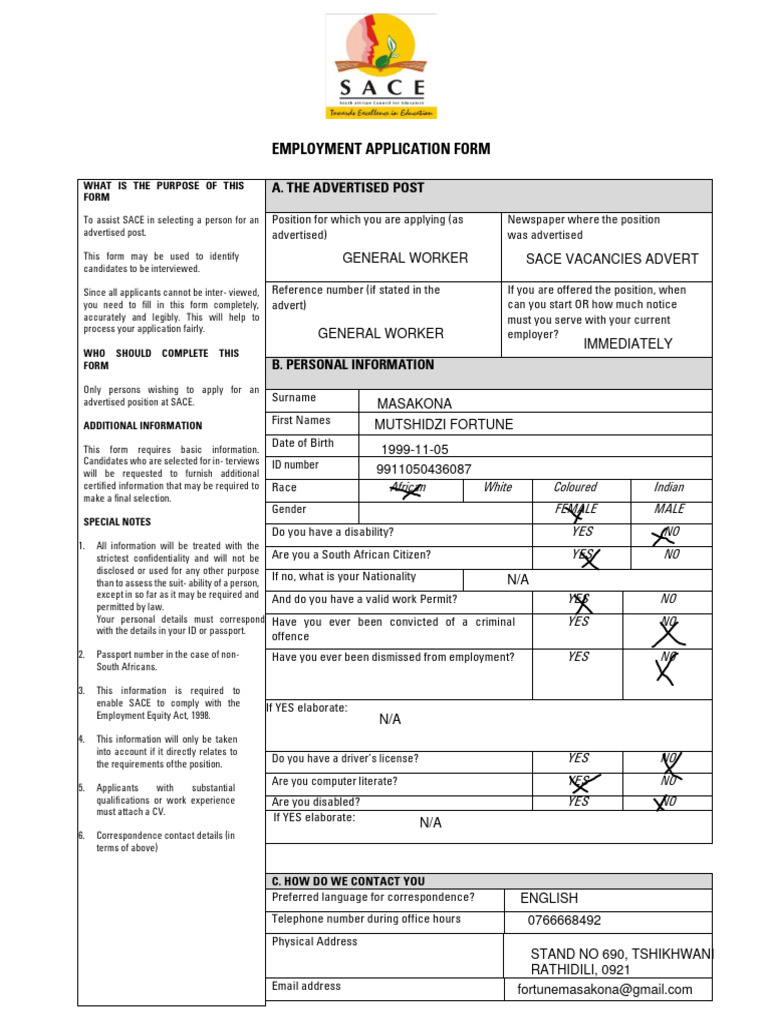 SACE Employment Application Form | PDF | Justice | Crime & Violence