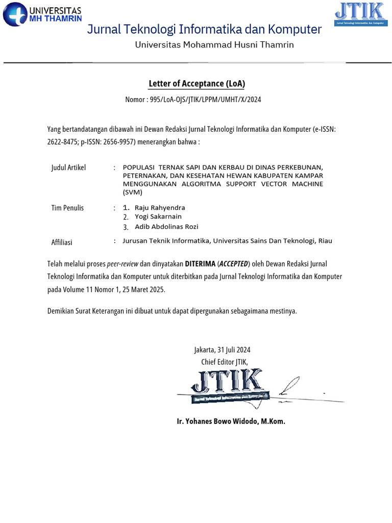 Letter of Acceptance (LoA) Jurnal Universitas Sains Dan Teknologi Indonesia Riau | PDF | Sains ...