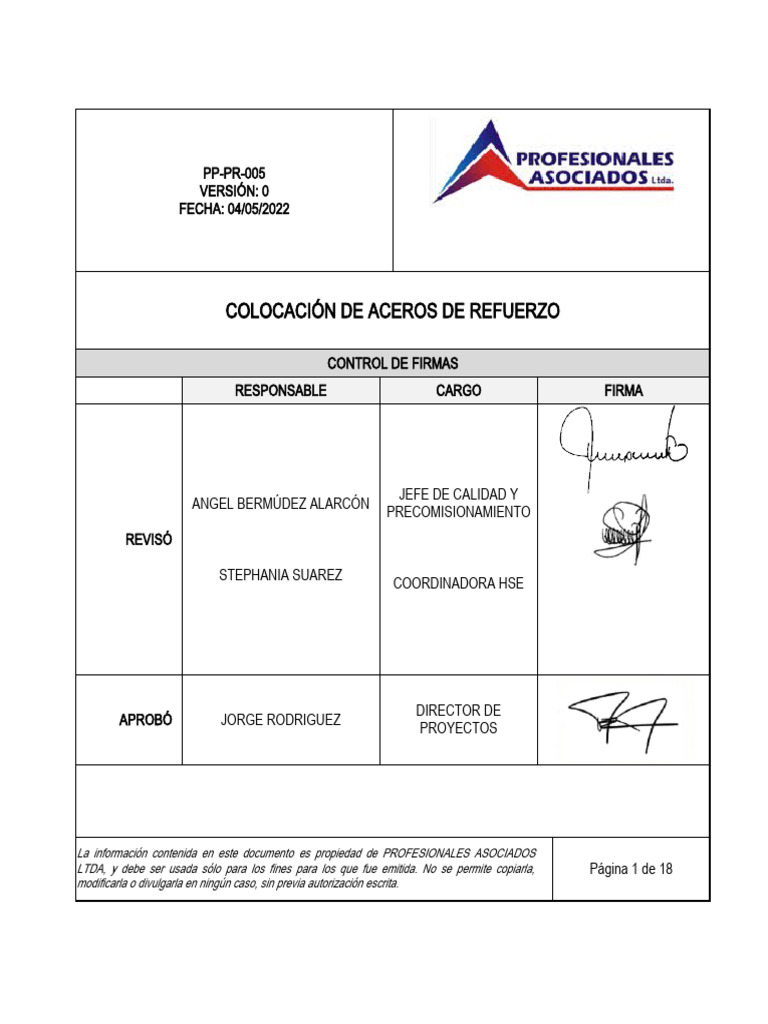 PP-PR-005 Colocación de Aceros de Refuerzo - V0 | PDF | Hormigón | Topografía