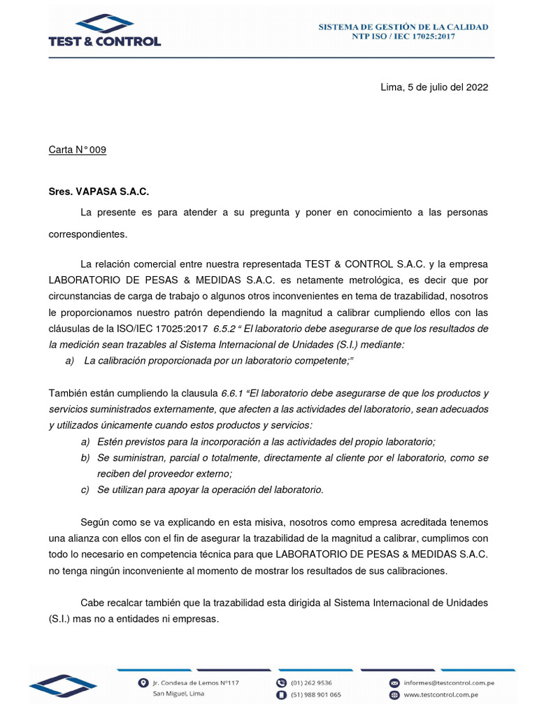 Carta #009 Vapasa | PDF | Laboratorios | Calibración