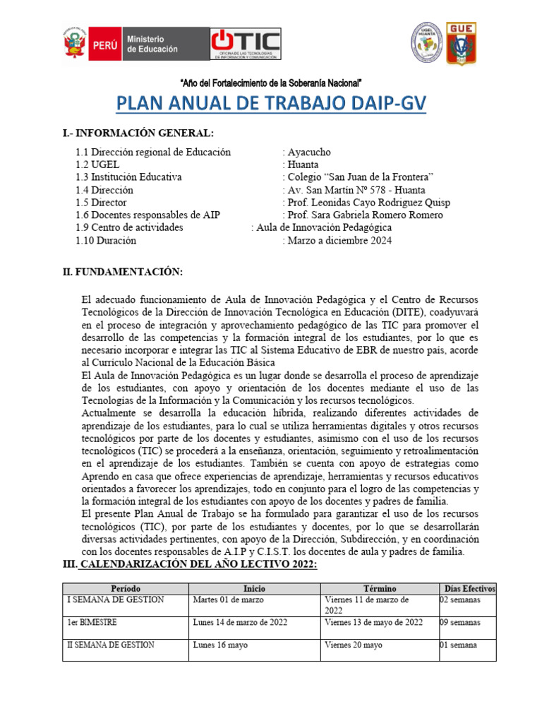 Plan Anual Aip 2024 | PDF | Enseñando | Tecnología de información y ...