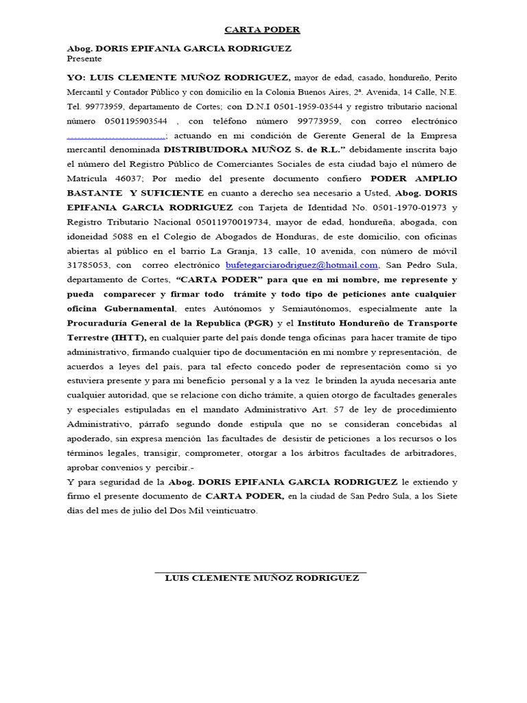 Carta Poder en Honduras: Ejemplo y Formato | PDF | Honduras | Documento ...