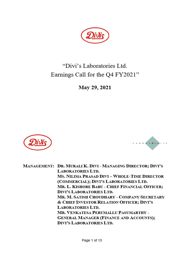 Divi's Labs Q4 FY2021 Earnings Call | PDF | Generic Drug | Automation
