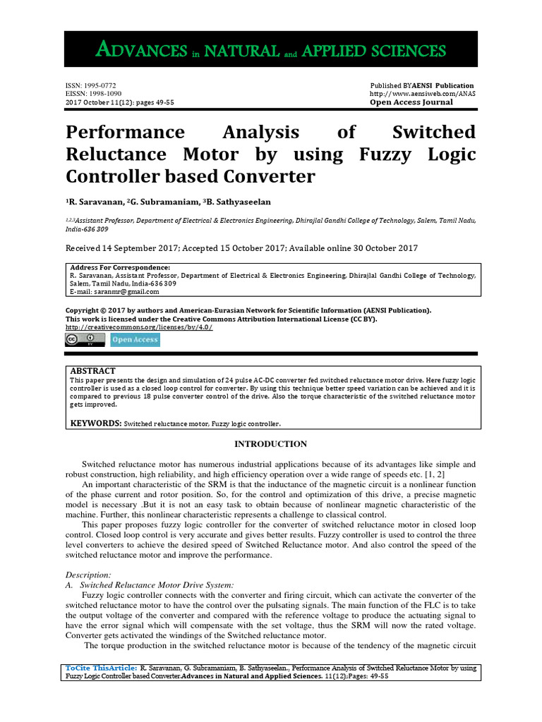 Performance Analysis Of Switched Reluctance Motor By Using Fuzzy Logic