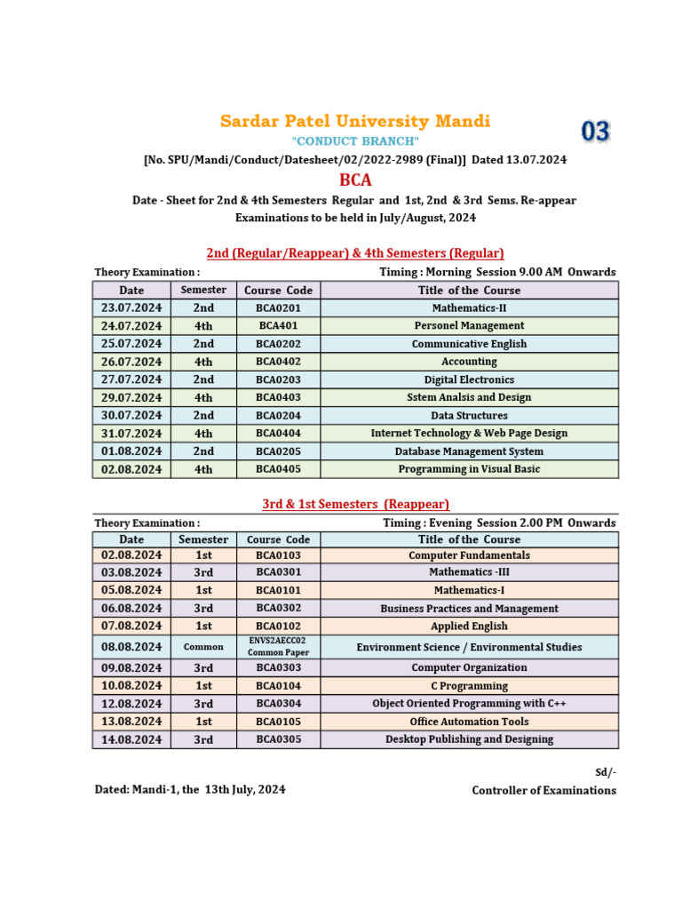 Final Date-Sheet of BCA For ESE July - Aug., 2024 | PDF | Computer Science | Information Technology