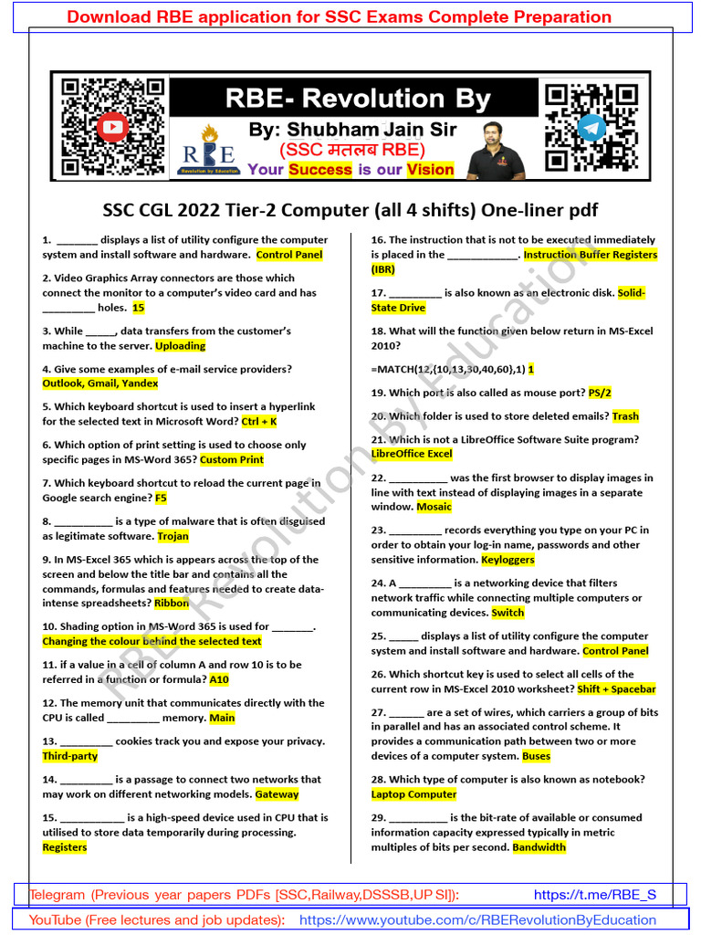 SSC CGL Tier-2 Computer One-Liner - RBE | PDF | Computer Data Storage | Computer File