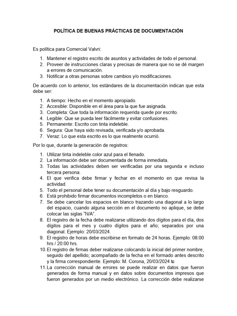 Info para Presentación Política de Buenas Prácticas de Documentación | PDF