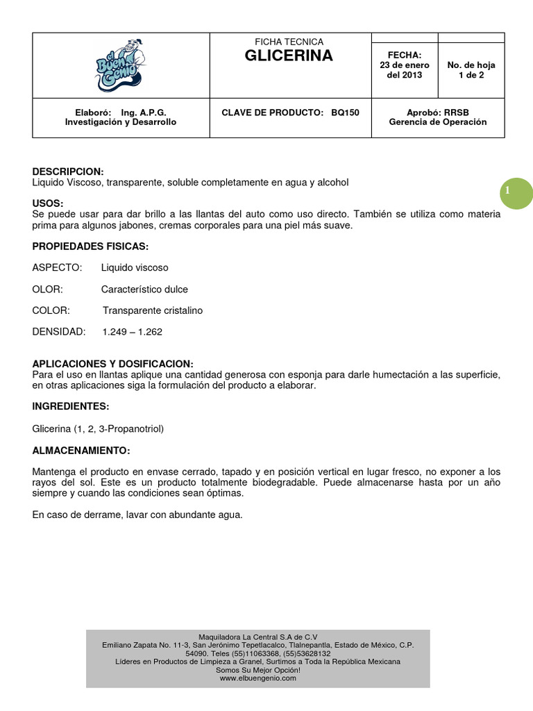 Ficha Tecnica Glicerina 2021 | PDF