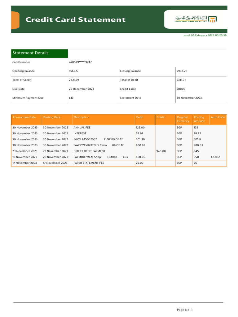 Statement Details: Transaction Date Posting Date Description Debit ...
