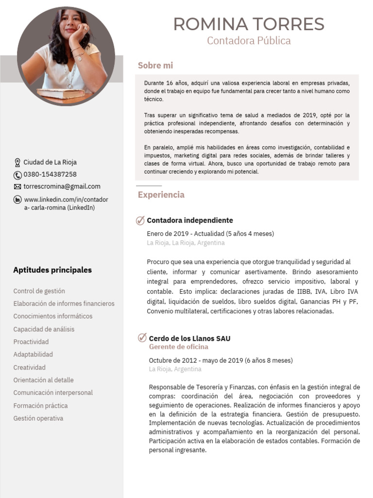 CV Contadora Romina Torres Mayo 2024-2 | PDF | Contador | Economias