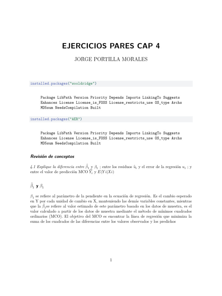 Ejercicios Cap 4 Jorge Portilla | PDF | Mínimos cuadrados ordinarios | Análisis de regresión