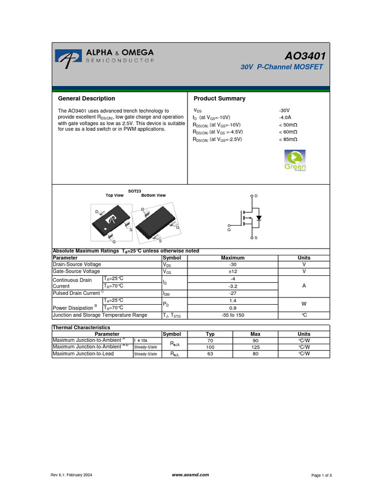 AO3401-Alpha & Omega Semiconductors | PDF | Field Effect Transistor | Electrical Components