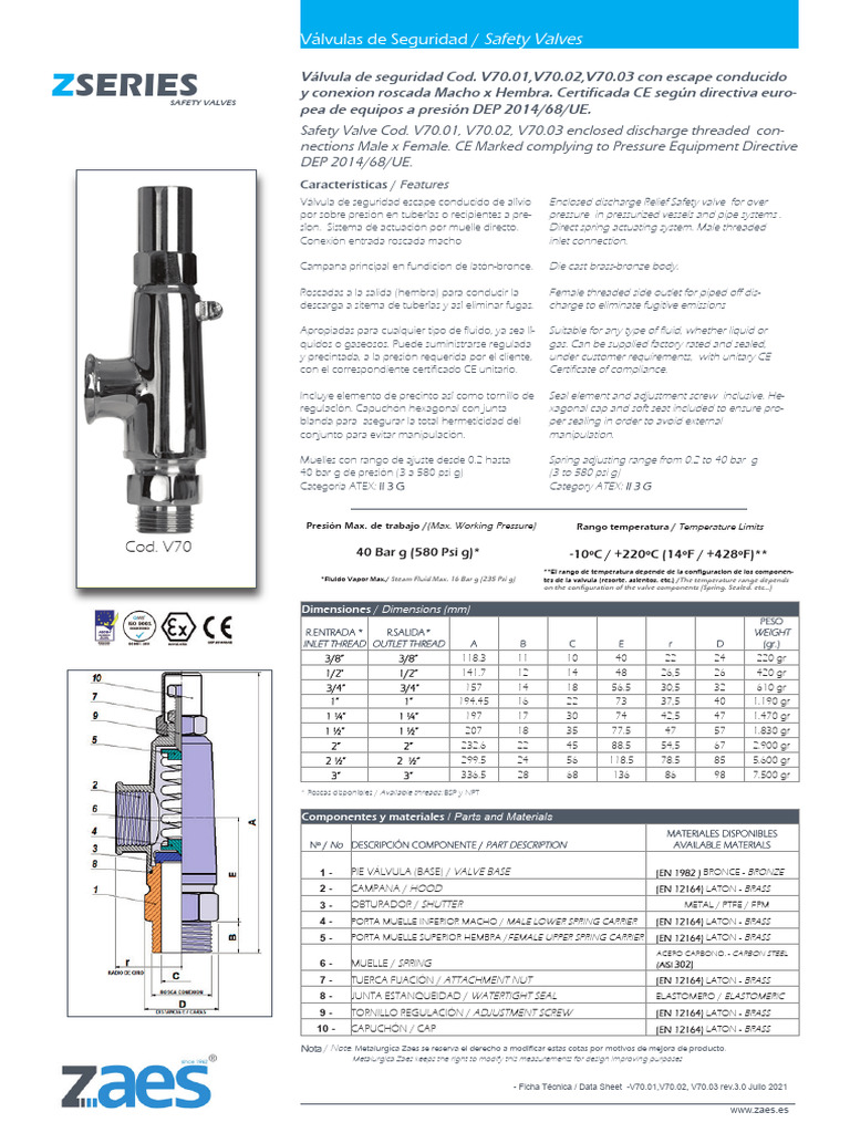 Valvul de Seguridad Cod.V70.01, V70.02, V70.03 Escape Conducido ...