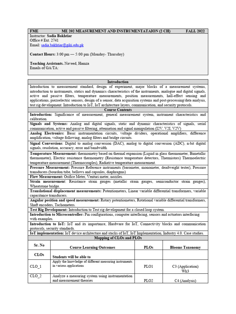 Measurement and Instrumentation Course Overview | PDF | Analogue ...