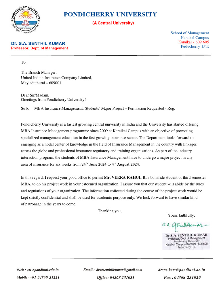 Major Project Permission Letter R VEERA RAHUL | PDF | Career & Growth | Finance & Money Management