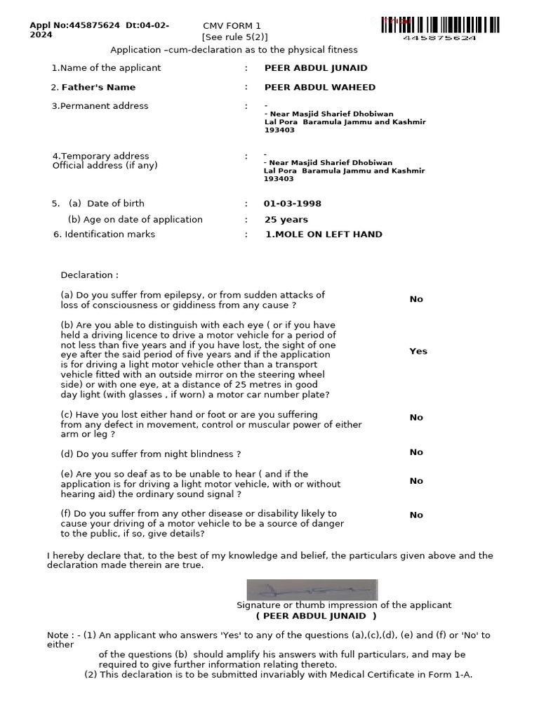 Peer Abdul Junaid Peer Abdul Waheed Father's Name: Appl No:445875624 Dt ...