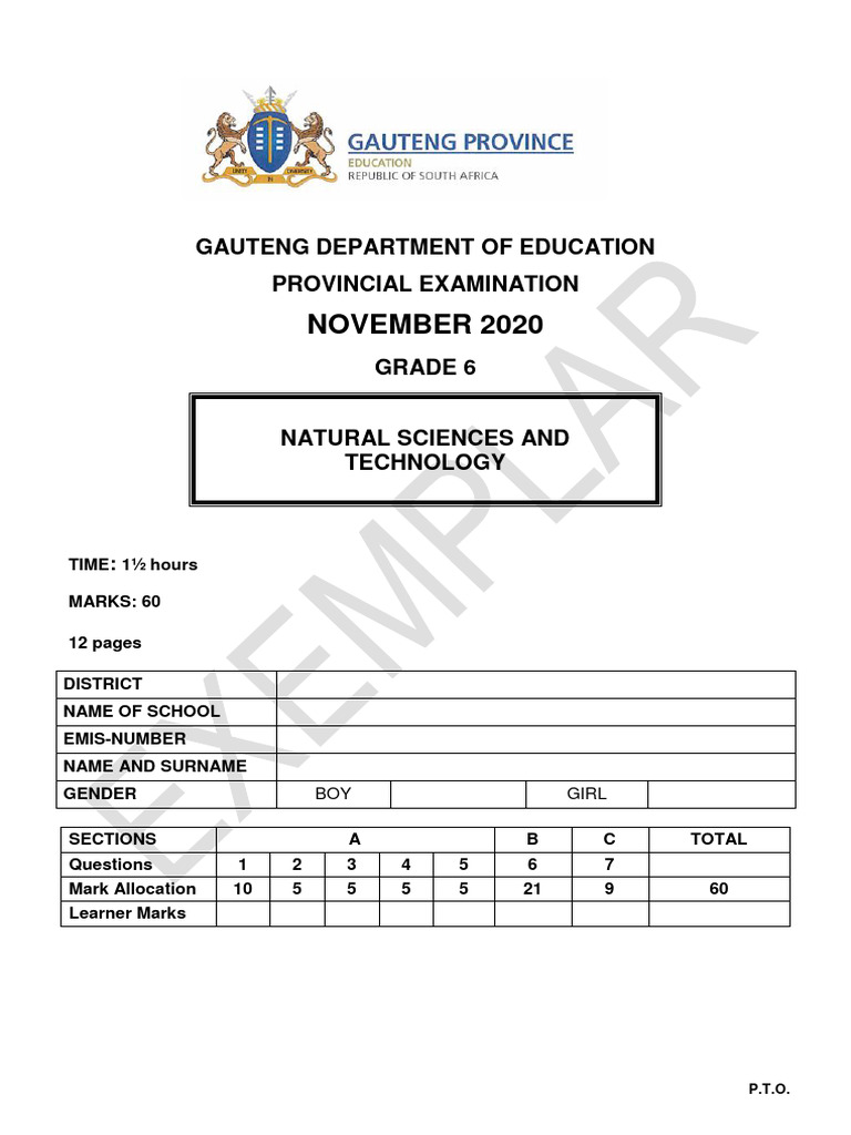 Grade 6 Natural Sciences and Technology (English) 2020 Exemplars ...