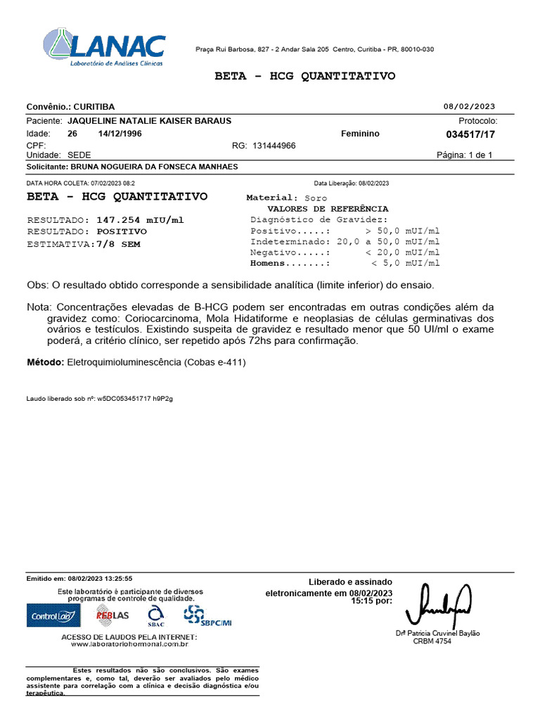 Exame Beta HCG - Jaqueline Natalie Kaiser Baraus | PDF | Reprodução ...