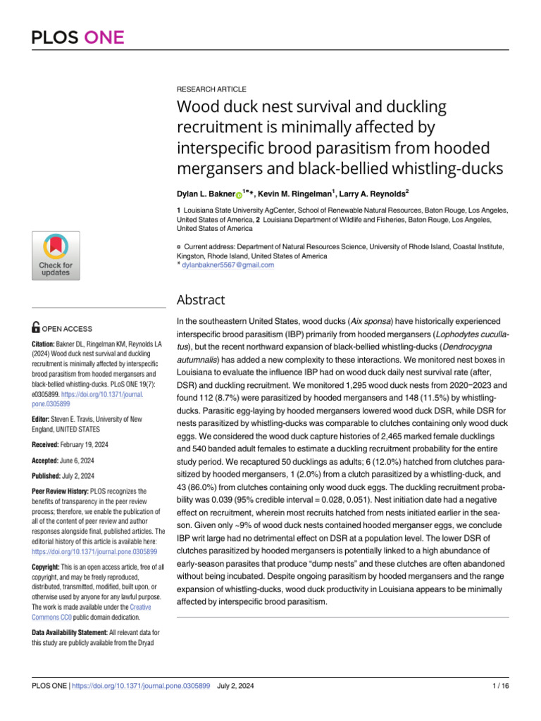 Wood Duck Nest Survival and Duckling Recruitment I | PDF | Birds