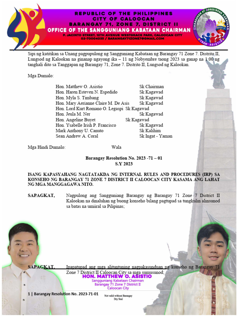 Barangay Resolution No 2023-71-01 House Rules | PDF
