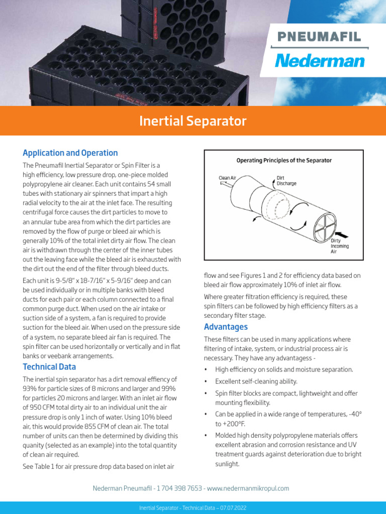 Inertial Separator - Technical Data | PDF | Filtration | Applied And Interdisciplinary Physics