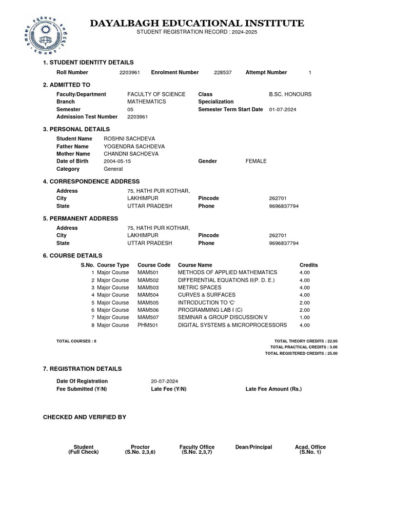 Dayalbagh Educational Institute: 1. Student Identity Details | PDF ...