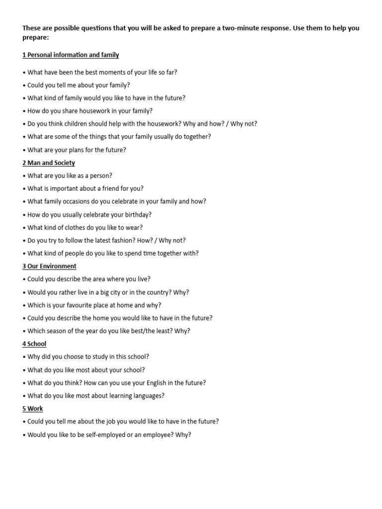 Questions For Two Minute Responses | PDF | Career & Growth | Lifestyle