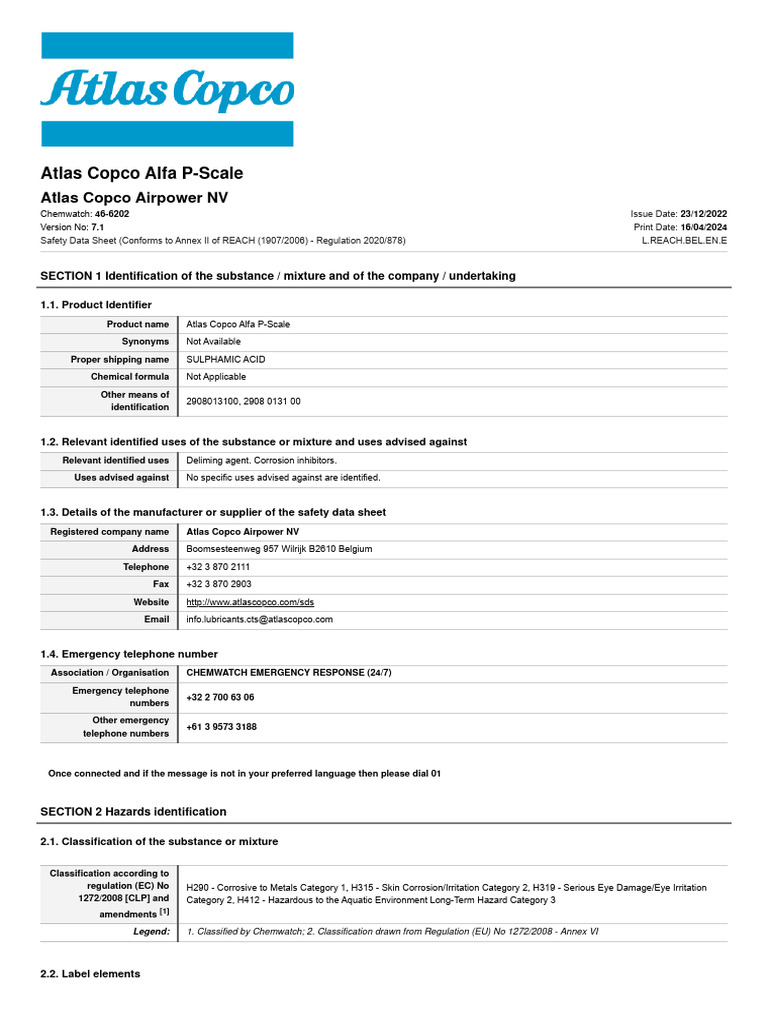 Atlas Copco Alfa P-Scale Safety Data Sheet | PDF | Toxicity