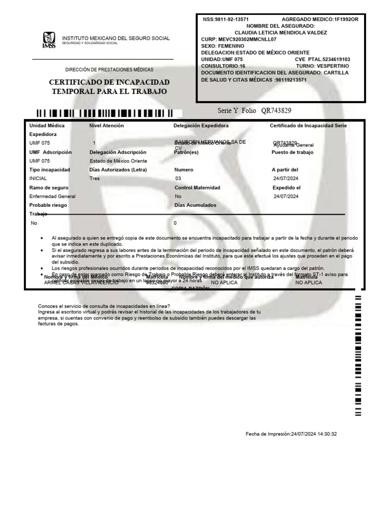 Incapacidad Imss | PDF