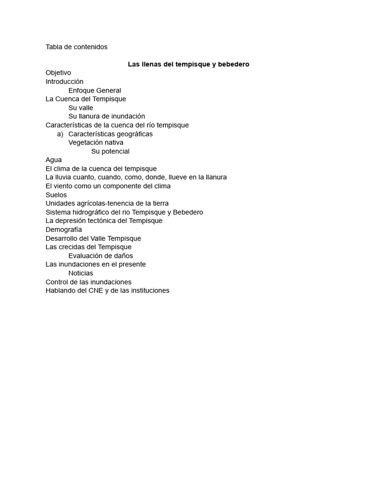 Tabla de Contenidos Las Llenas Del Tempisque | PDF