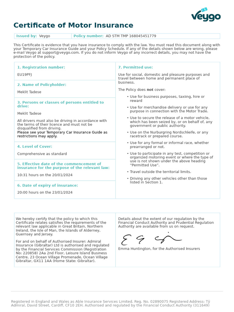 Temporary Car Insurance Certificate | PDF | Vehicle Insurance | Insurance