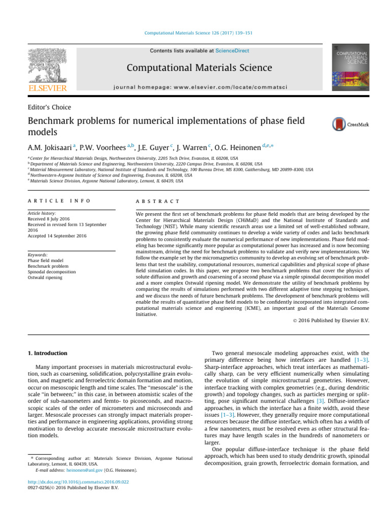 Benchmark Problems For Numerical Implementations Of Phase Field Models Pdf Simulation