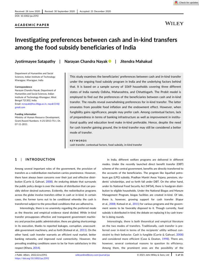 Investigating Preferences Between Cash and in Kind Transfers Among The ...