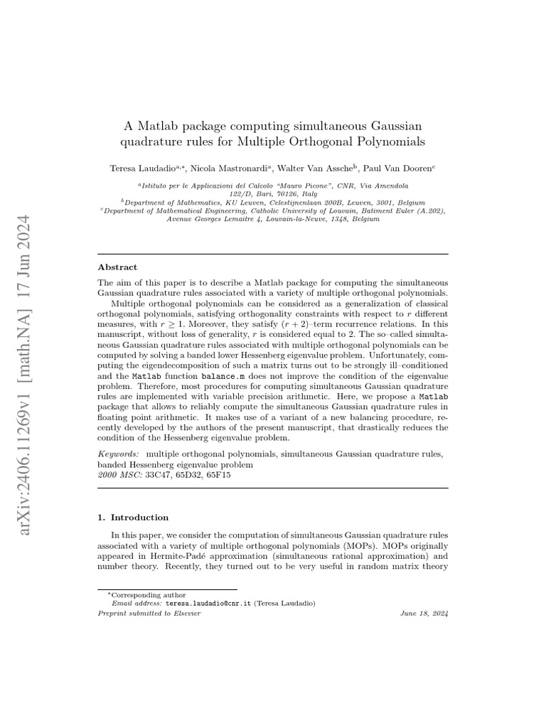 A Matlab Package Computing Simultaneous Gaussian Quadrature Rules For Multiple Orthogonal ...