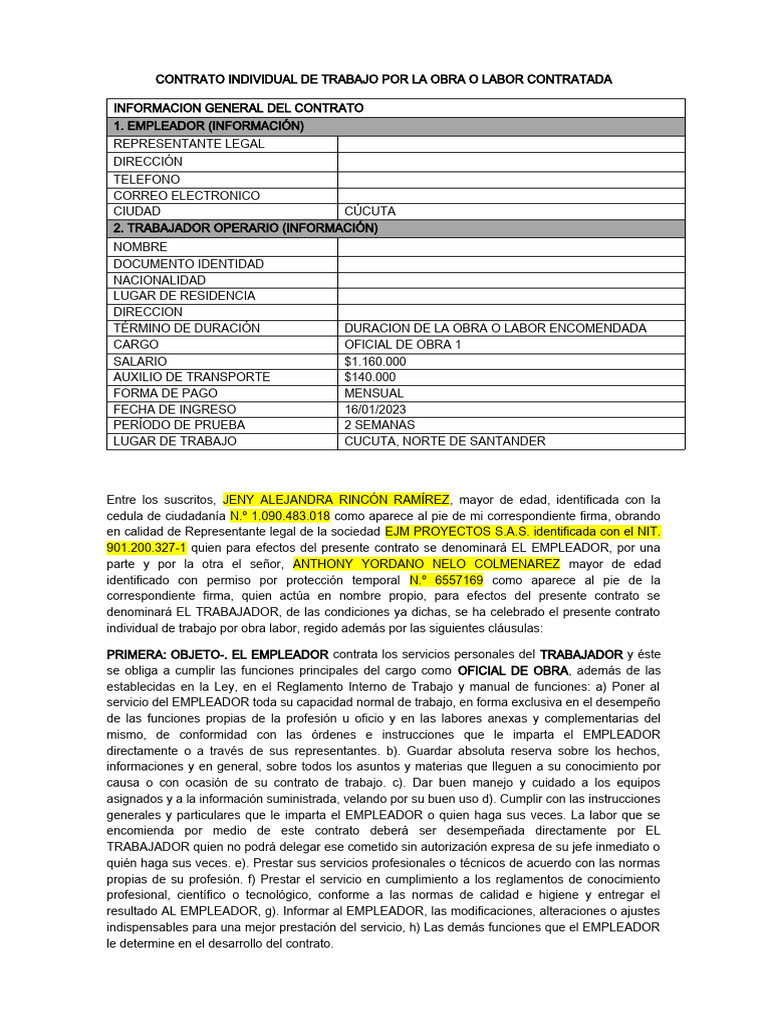Contrato Individual de Trabajo Por La Obra o Labor Contratada | PDF ...